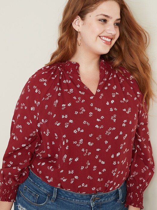 Smocked Split-Neck Plus-Size Gauze Blouse | Old Navy