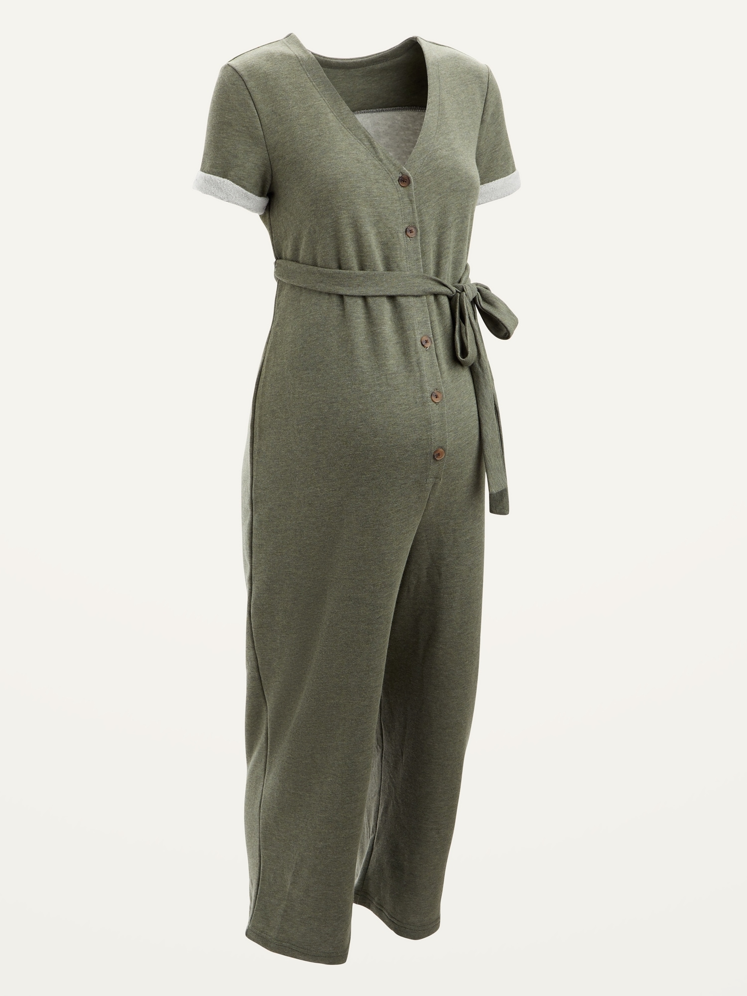 Maternity Tie-Belt Button-Front French Terry Jumpsuit | Old Navy
