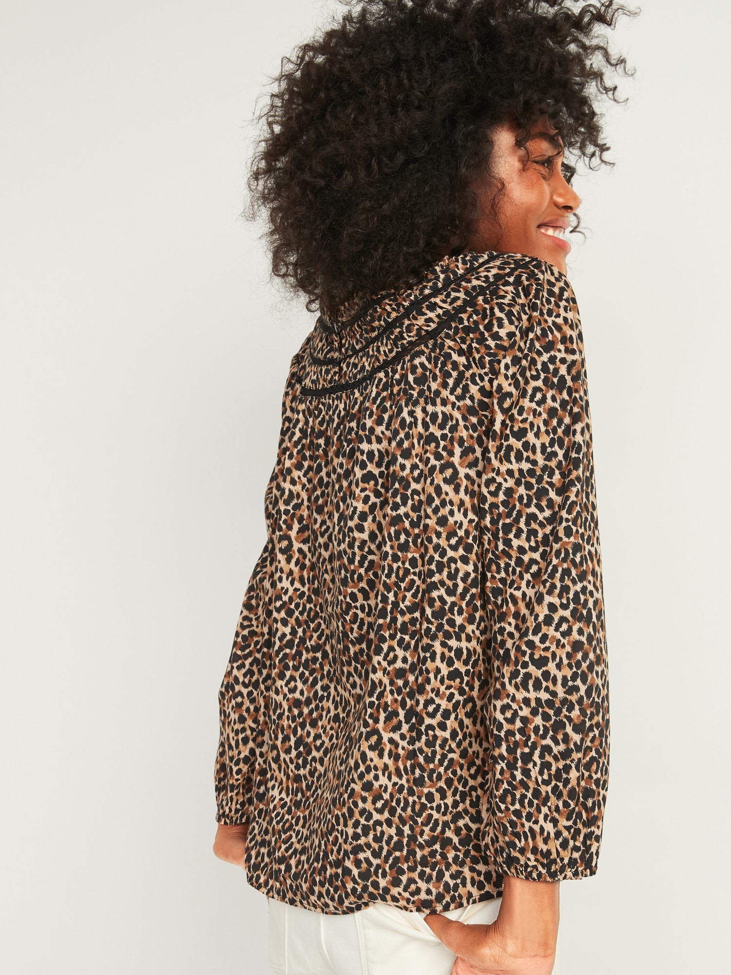 Oversized Printed Ladder-Lace Yoke Blouse | Old Navy