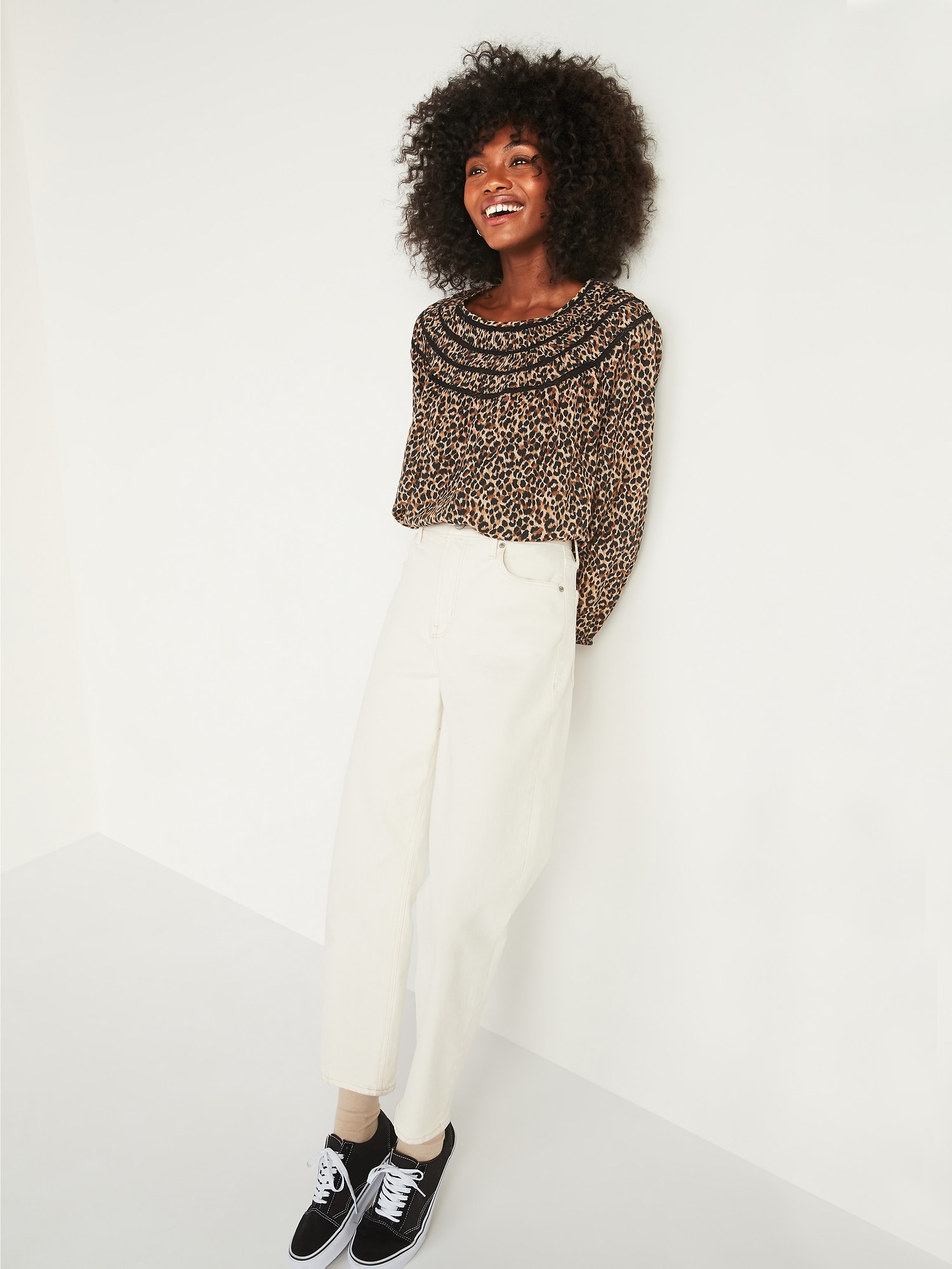 Oversized Printed Ladder-Lace Yoke Blouse | Old Navy