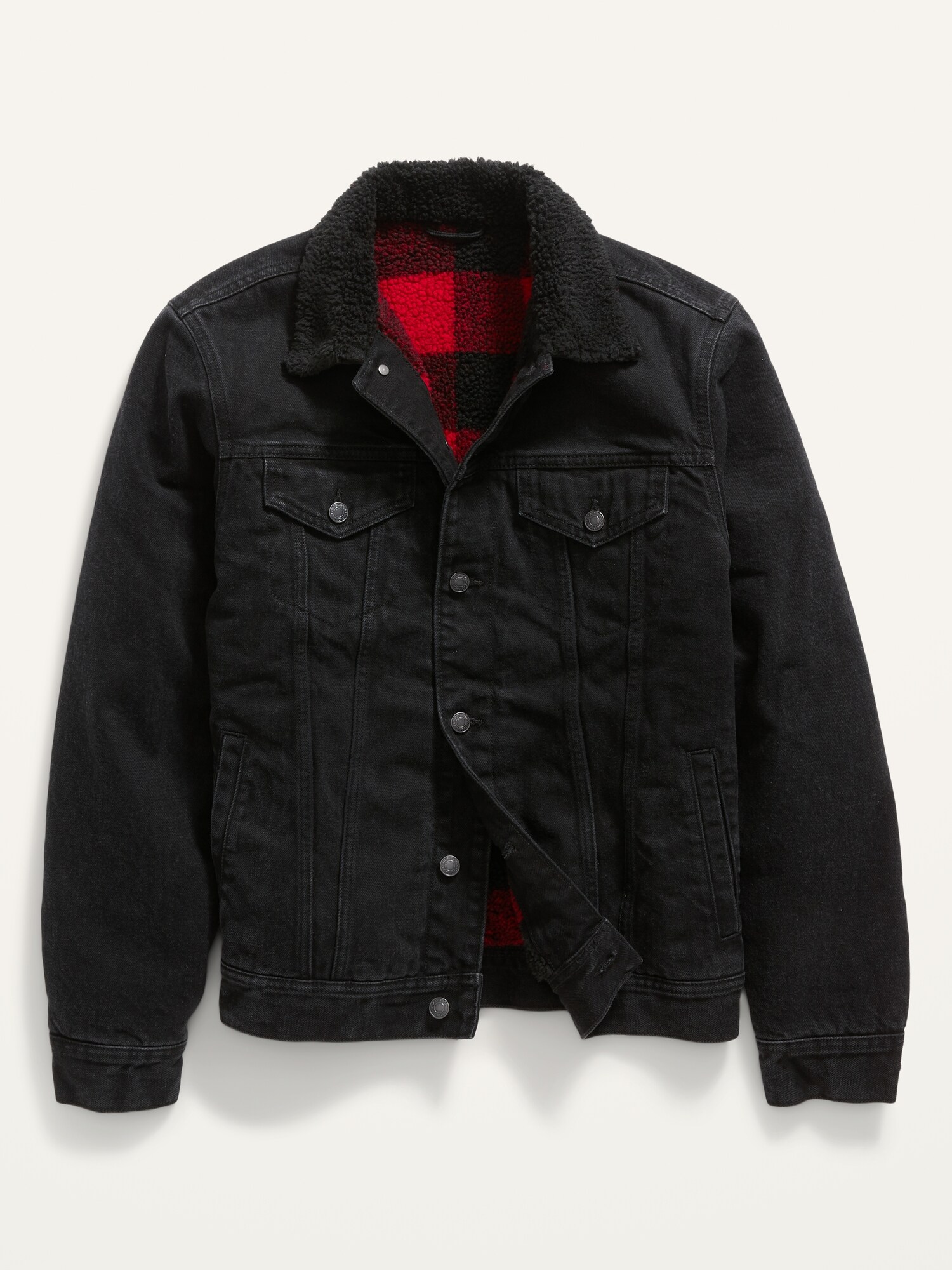 Sherpa Lined Non Stretch Black Jean Jacket For Men Old Navy