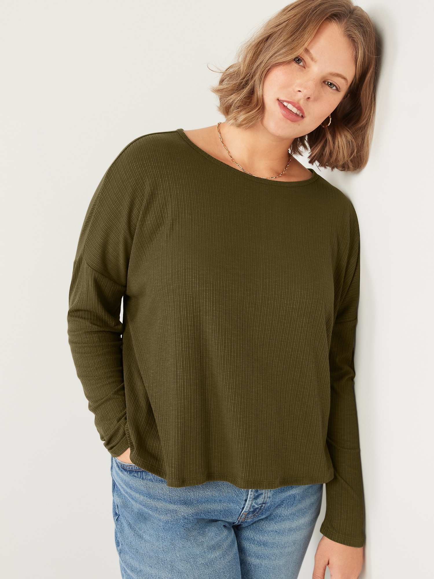 Long-Sleeve Luxe Oversized Rib-Knit T-Shirt for Women | Old Navy