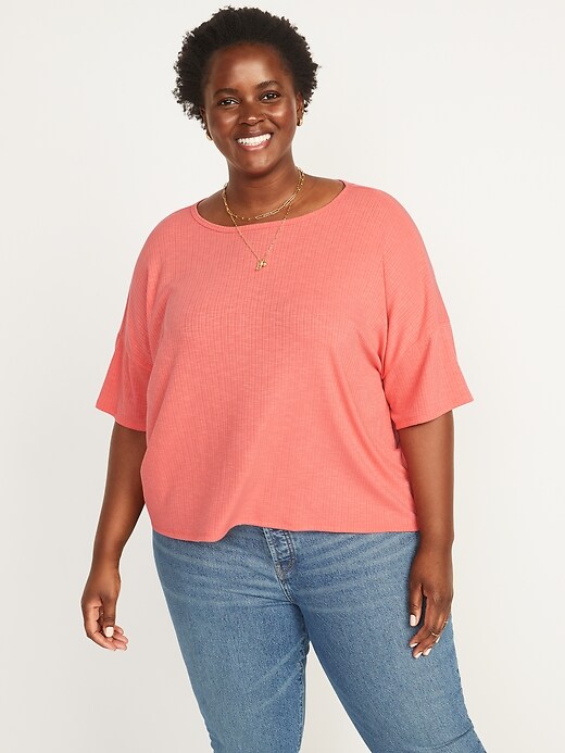 Elbow-Sleeve Luxe Oversized Rib-Knit T-Shirt for Women | Old Navy