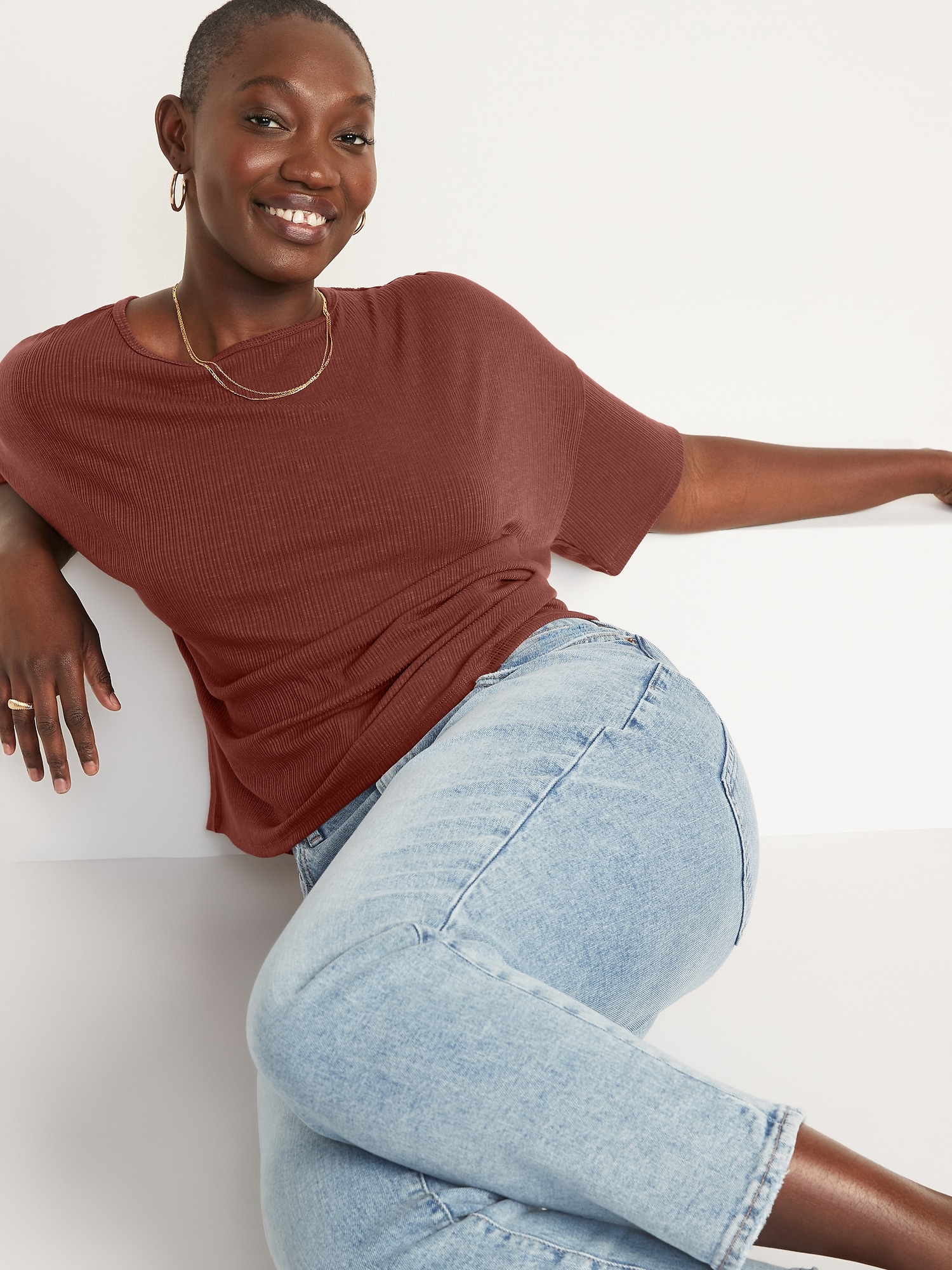 Elbow-Sleeve Luxe Oversized Rib-Knit T-Shirt | Old Navy