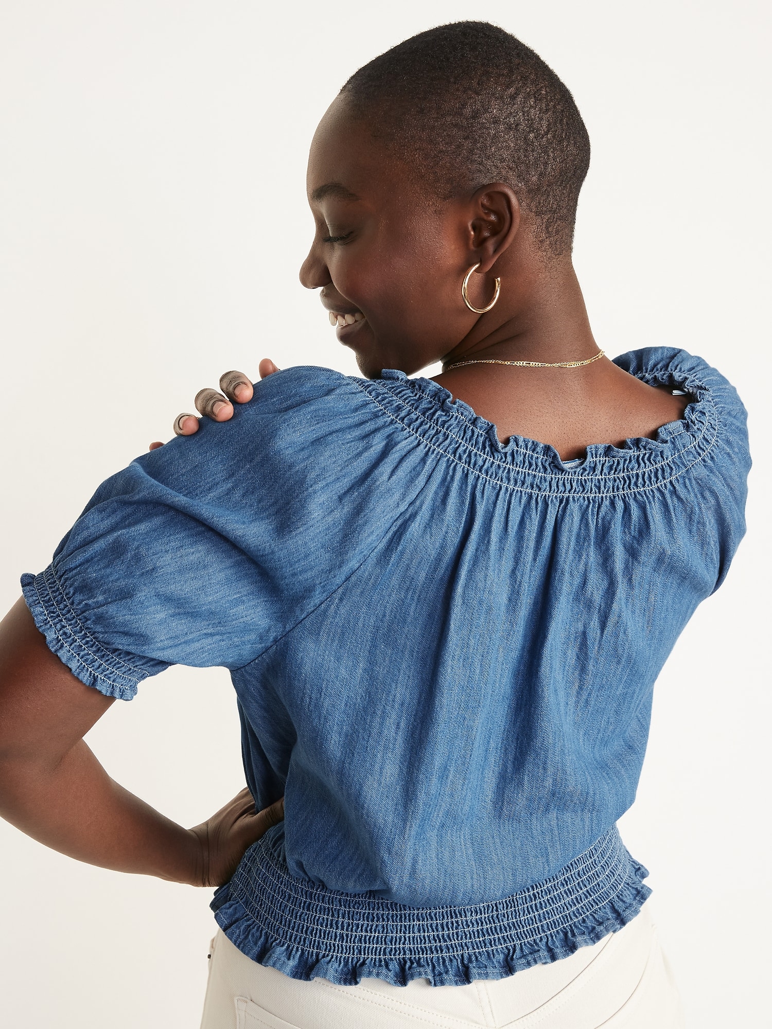 Scoop-Neck Smocked Chambray Blouse for Women | Old Navy
