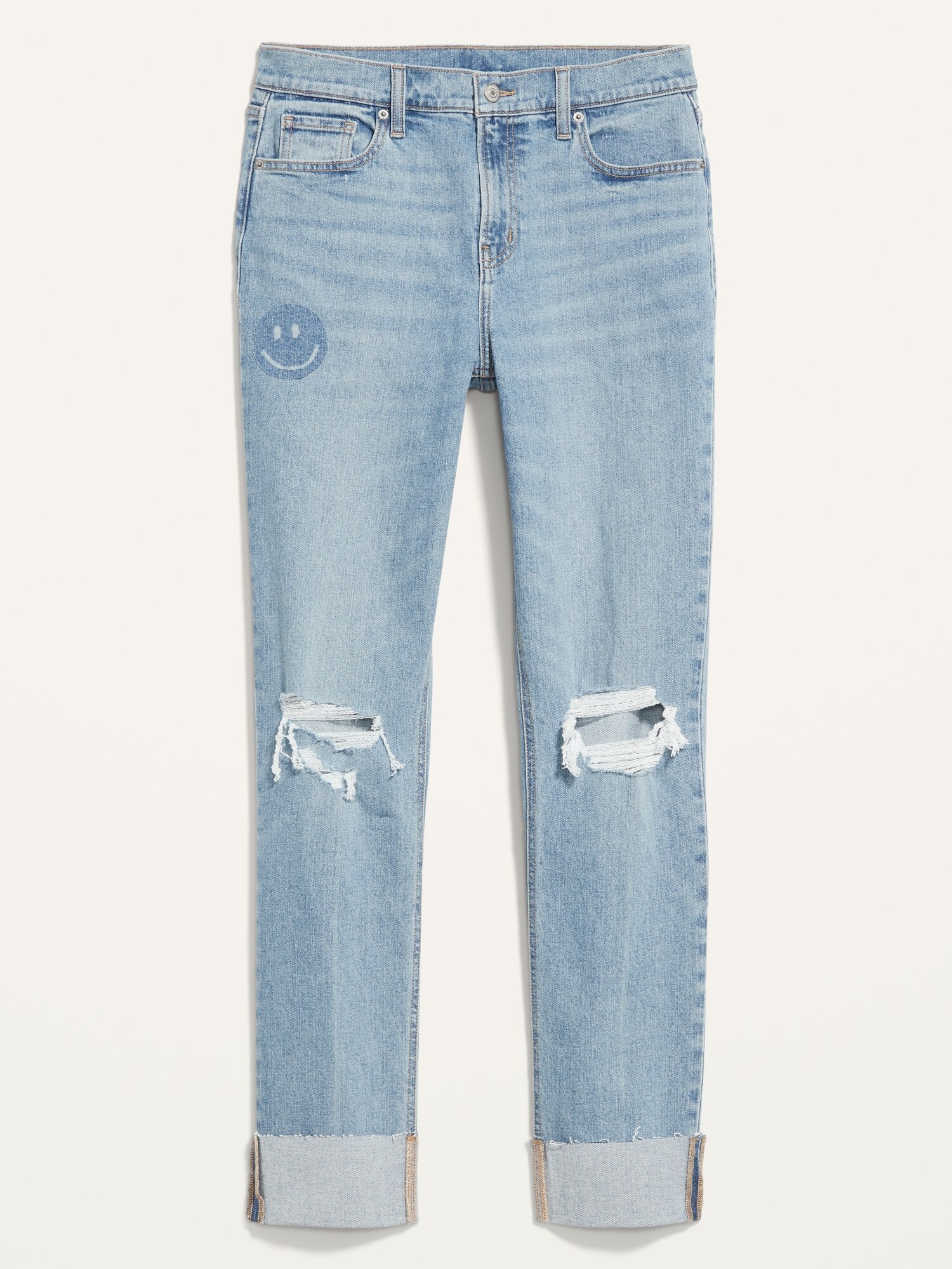 Mid-Rise Boyfriend Straight Ripped Smiley Face Jeans | Old Navy