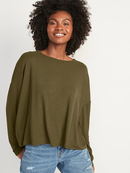 Long-Sleeve Luxe Oversized Rib-Knit T-Shirt for Women | Old Navy