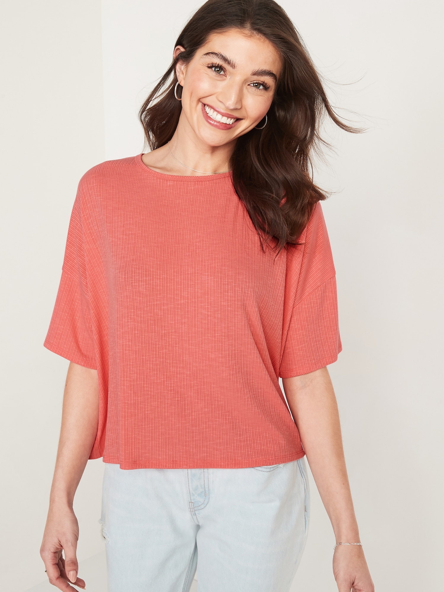 Elbow-Sleeve Luxe Oversized Rib-Knit T-Shirt for Women | Old Navy