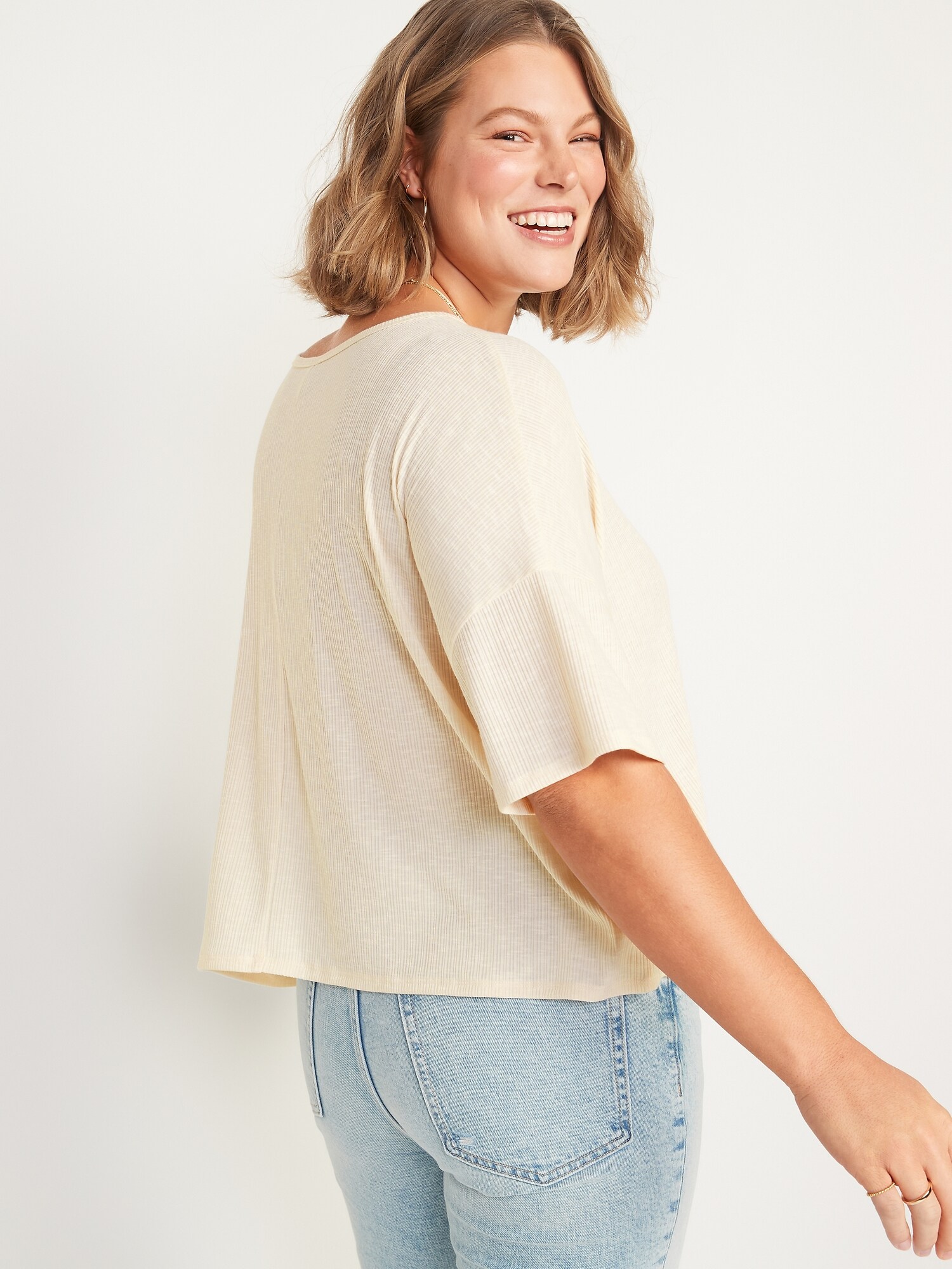 Elbow-Sleeve Luxe Oversized Rib-Knit T-Shirt for Women | Old Navy