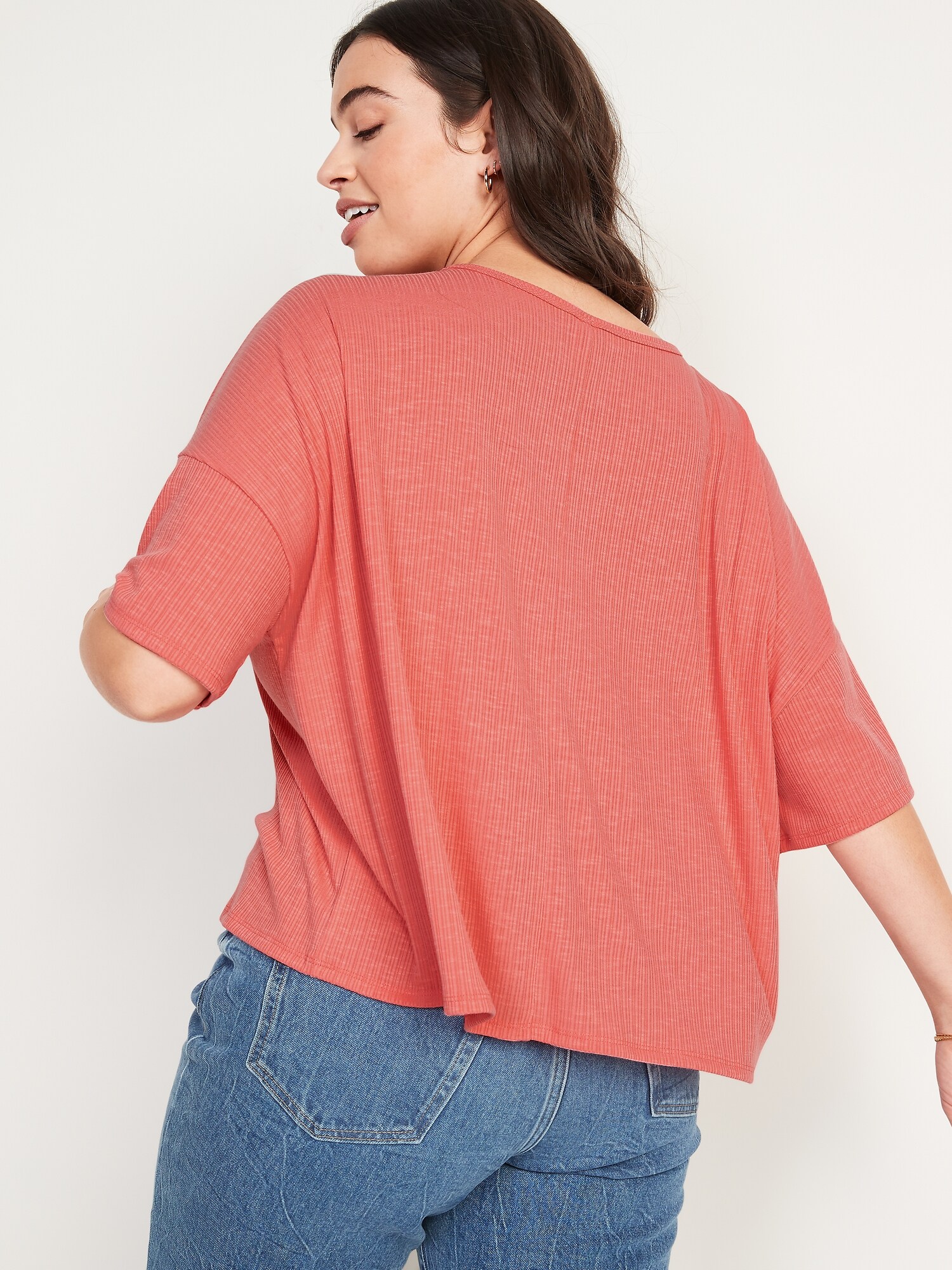 Elbow-Sleeve Luxe Oversized Rib-Knit T-Shirt for Women | Old Navy