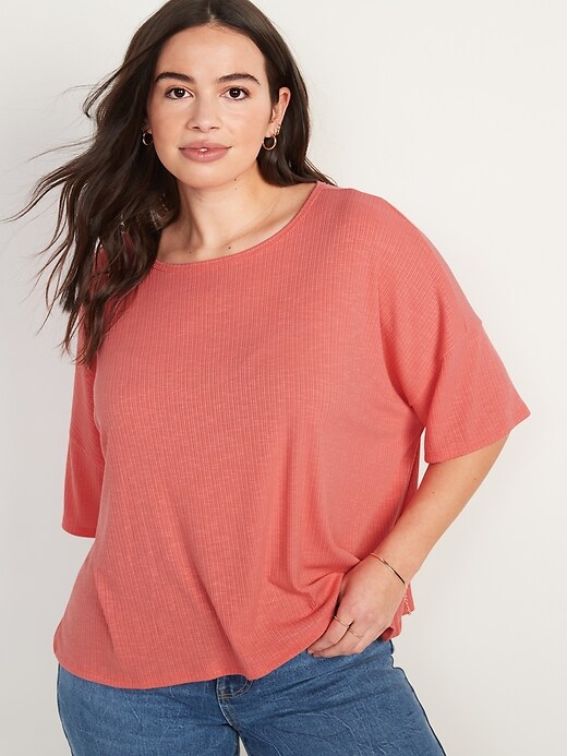 Elbow-Sleeve Luxe Oversized Rib-Knit T-Shirt for Women | Old Navy