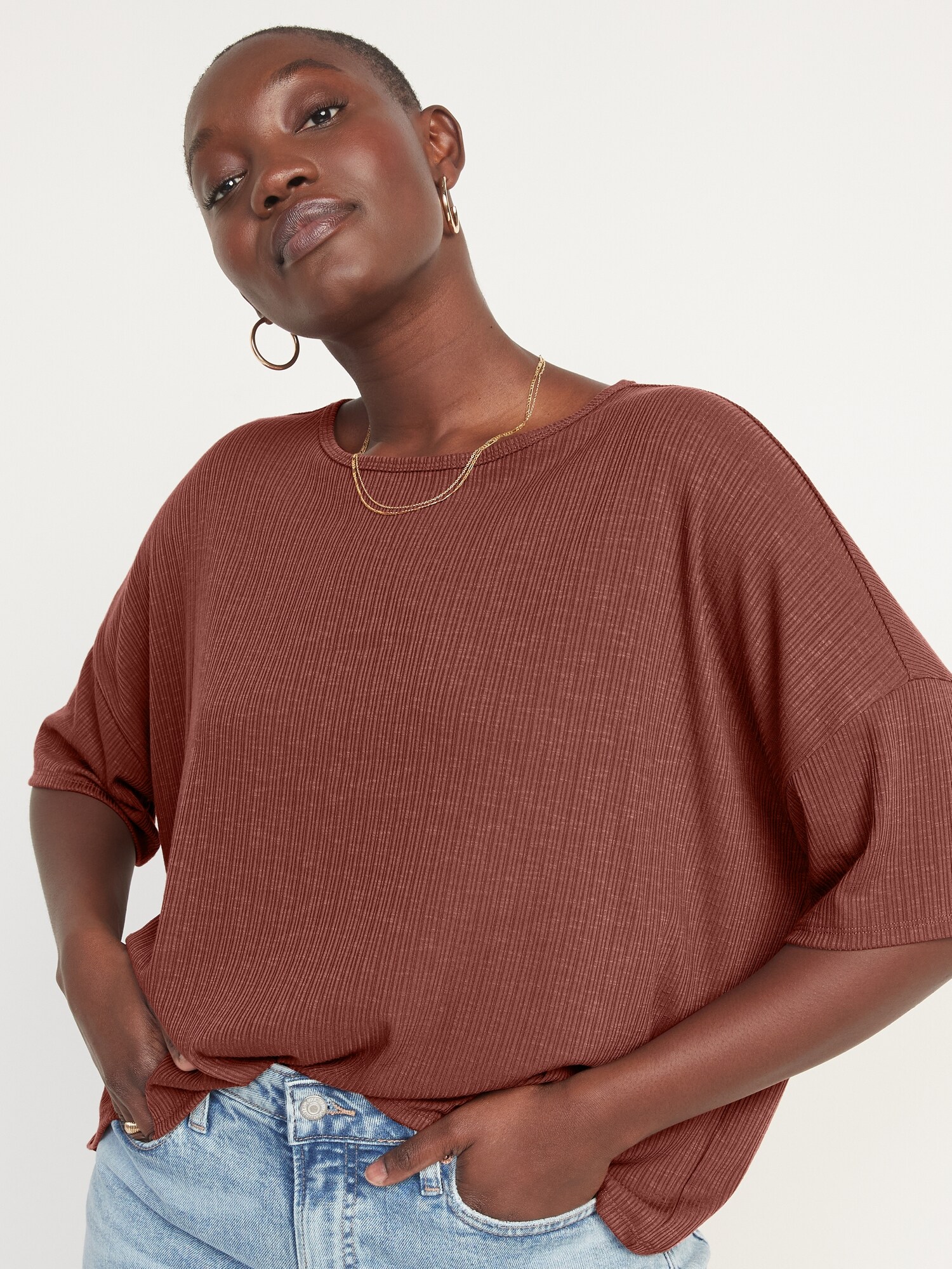 Elbow-Sleeve Luxe Oversized Rib-Knit T-Shirt | Old Navy