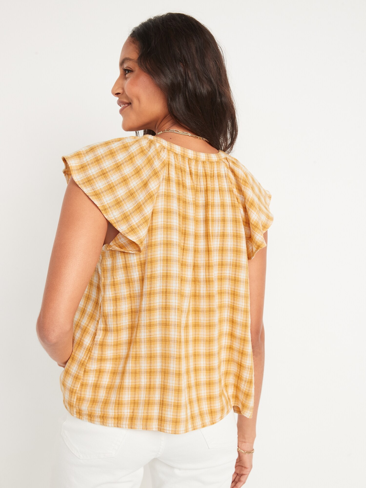 Loose Check-Pattern Flutter-Sleeve Top | Old Navy