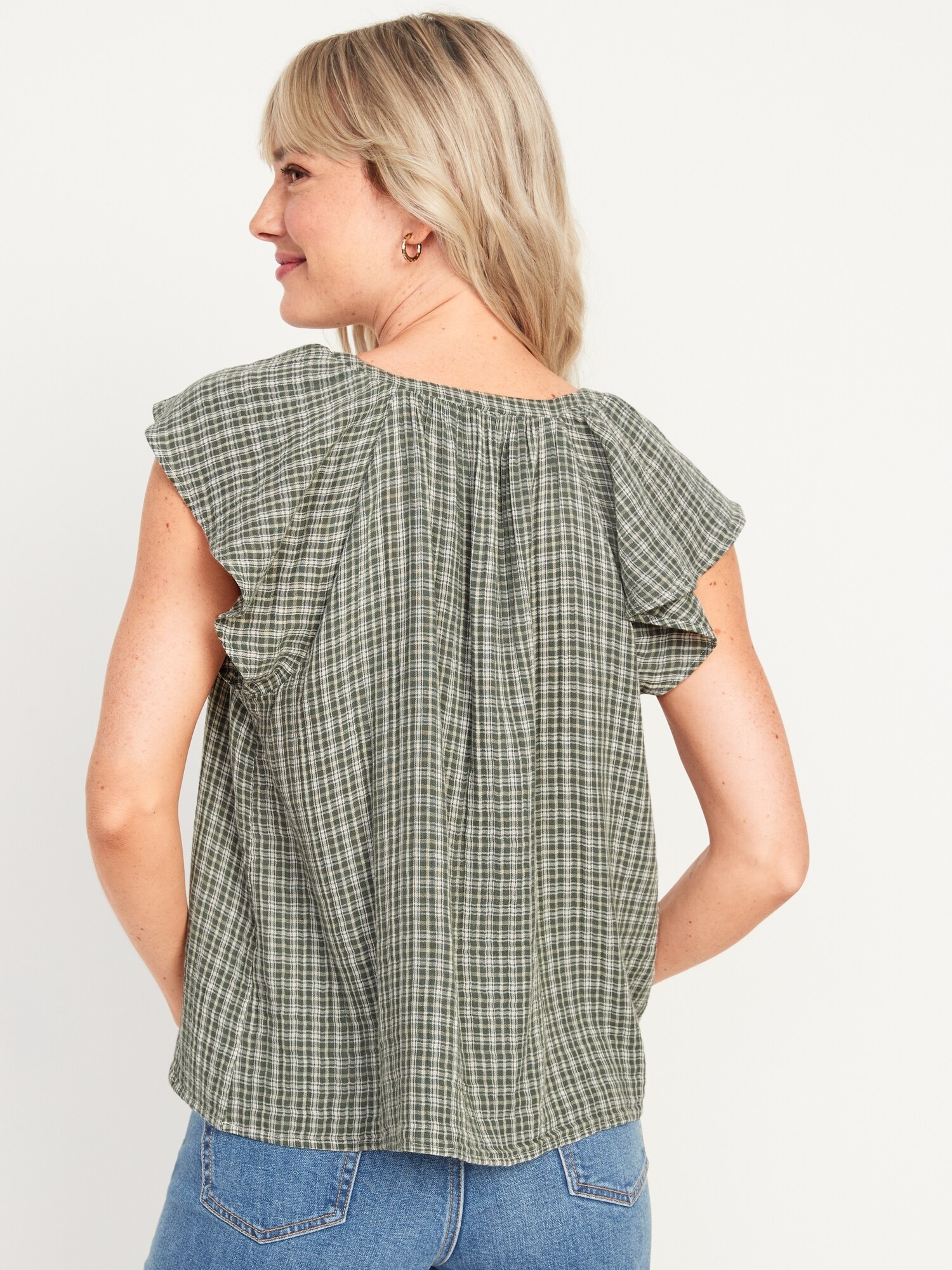Loose Check-Pattern Flutter-Sleeve Top | Old Navy