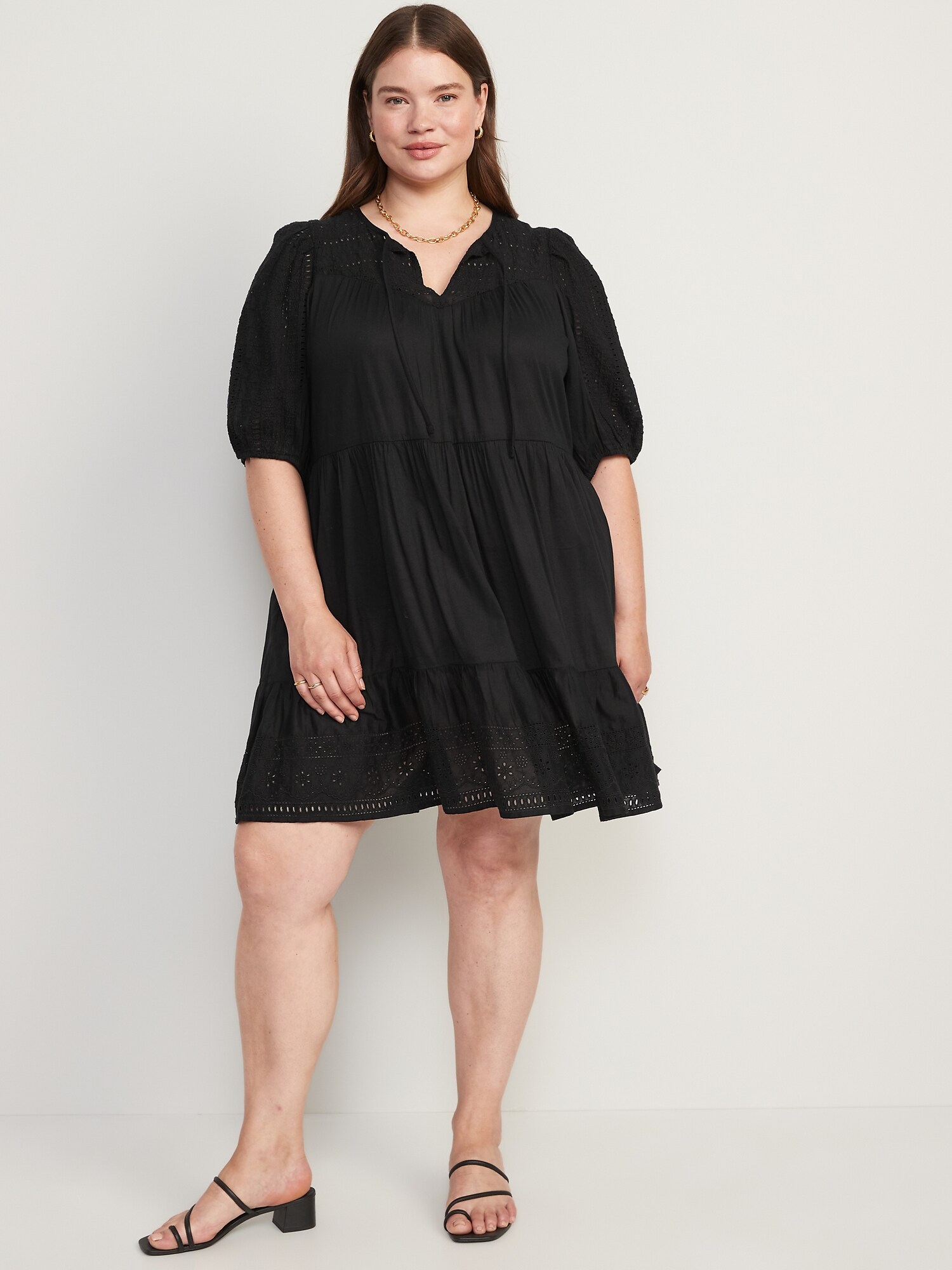 Puff-Sleeve Tiered Embroidered Mini Swing Dress | Old Navy