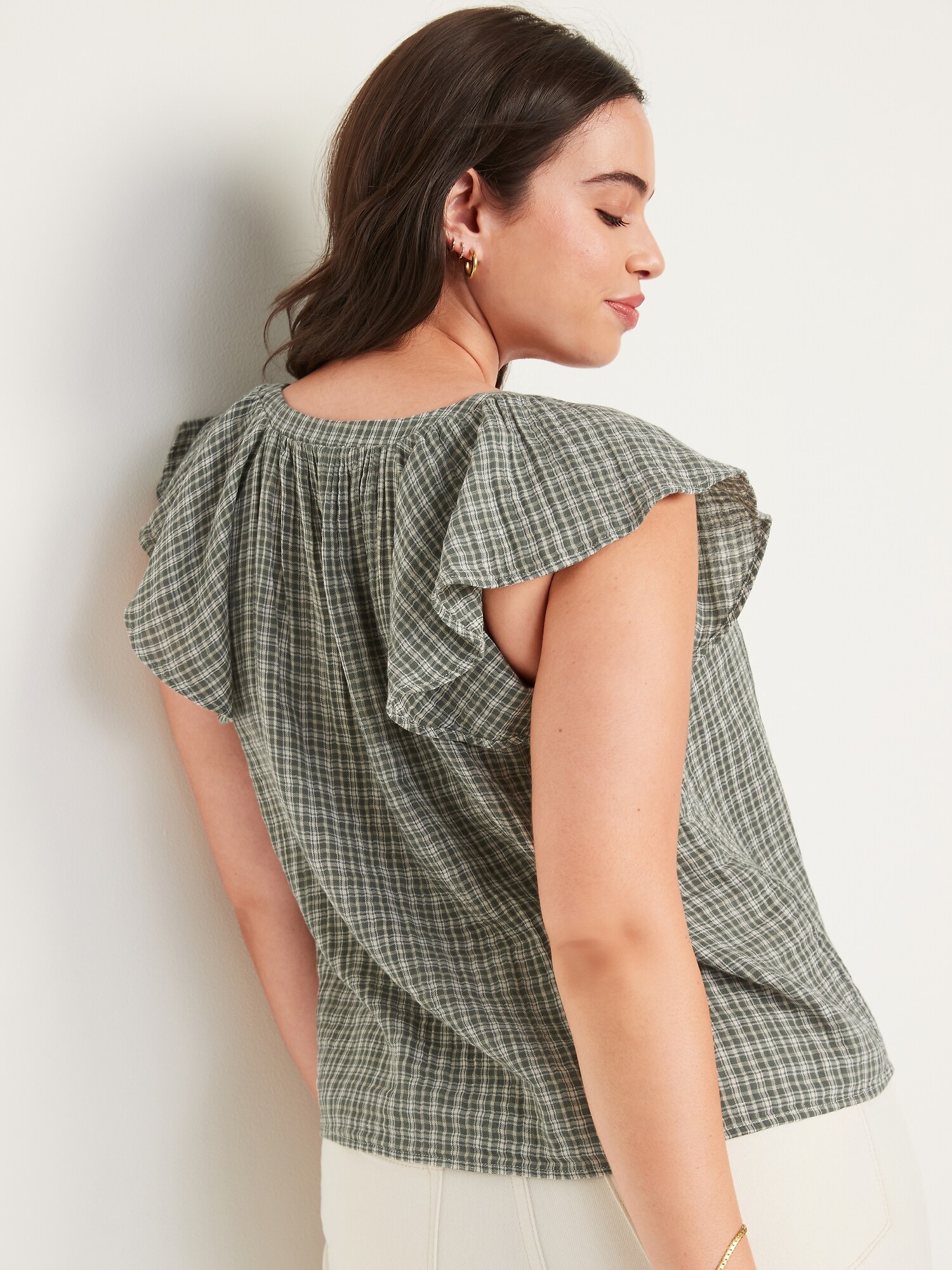 Loose Check-Pattern Flutter-Sleeve Top | Old Navy