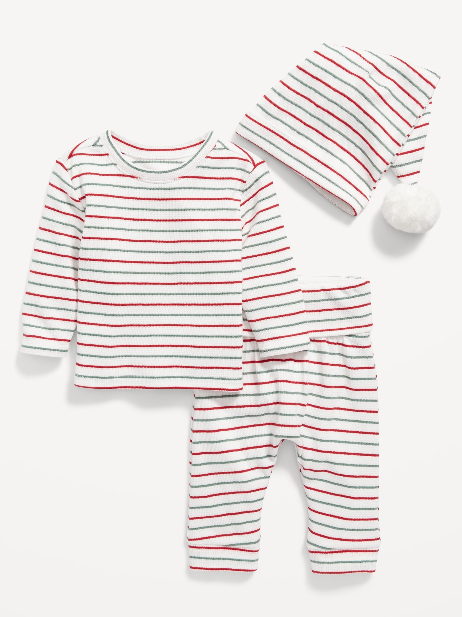 Unisex 3-Piece Thermal-Knit Striped Top, Pants and Beanie Set for Baby ...