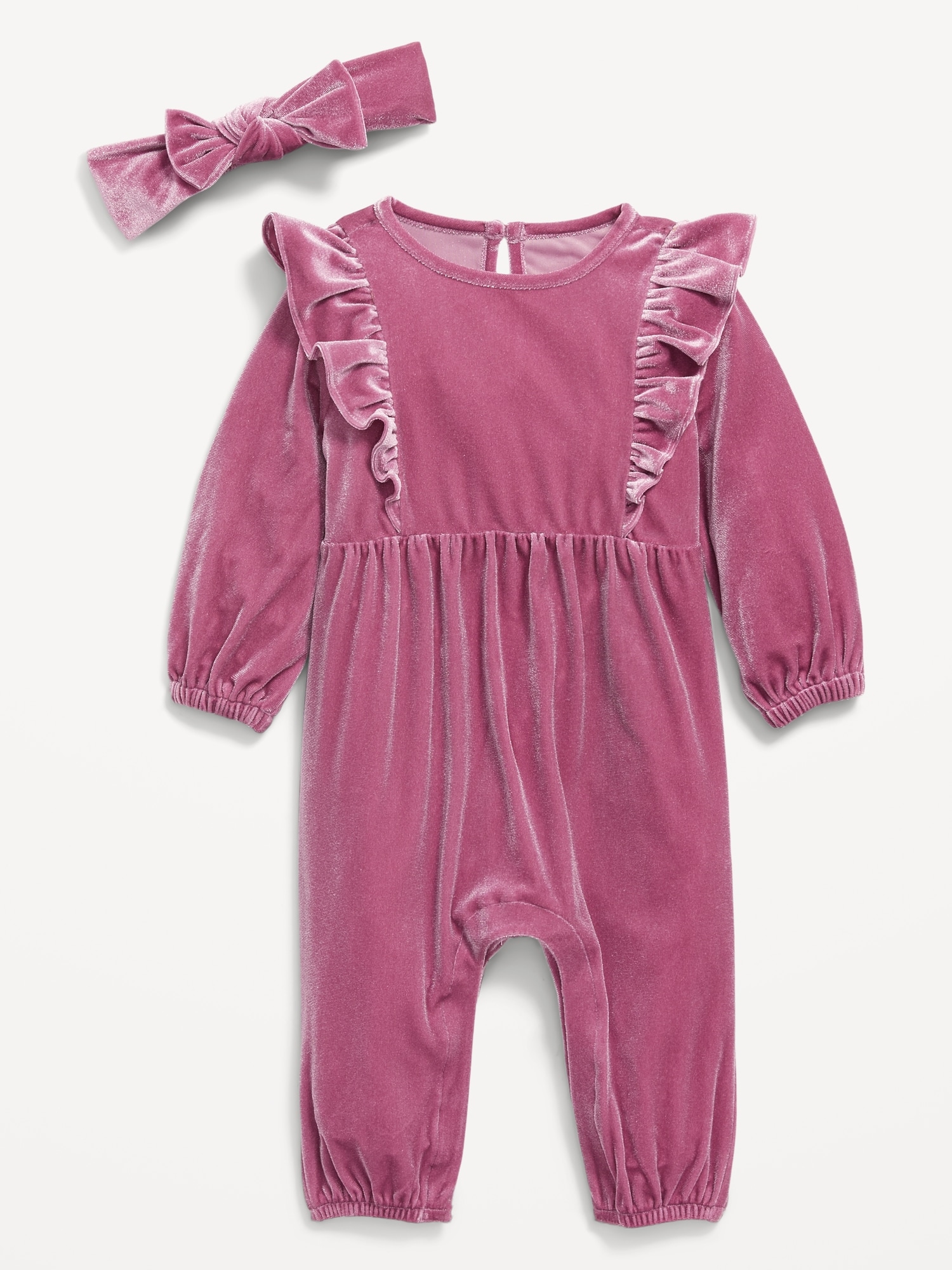 Long-Sleeve Ruffle-Trim Velvet One-Piece and Headband Set for Baby | Old Navy
