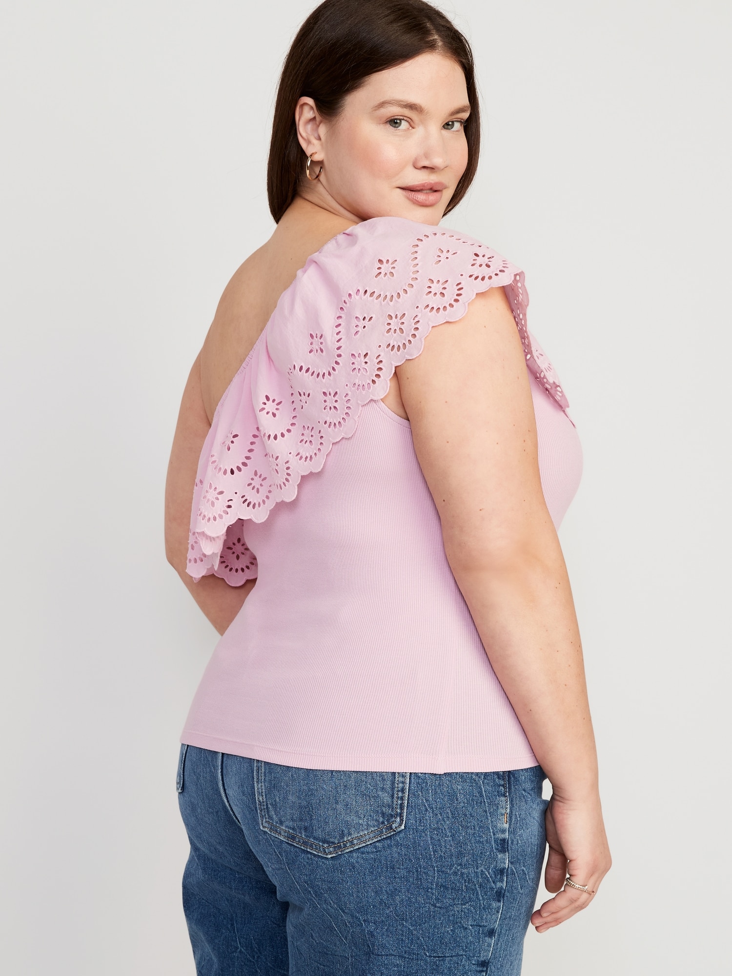 Eyelet One-Shoulder Paneled Rib-Knit Top | Old Navy