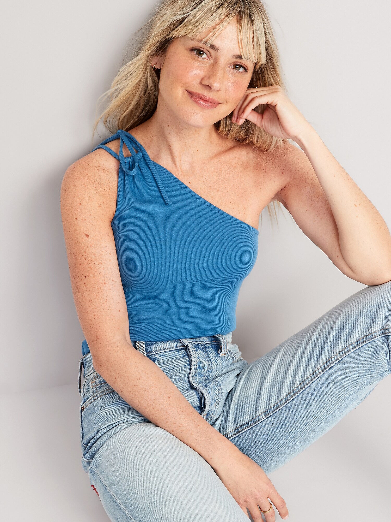 Fitted One-Shoulder Rib-Knit Double Tie-Strap Top | Old Navy