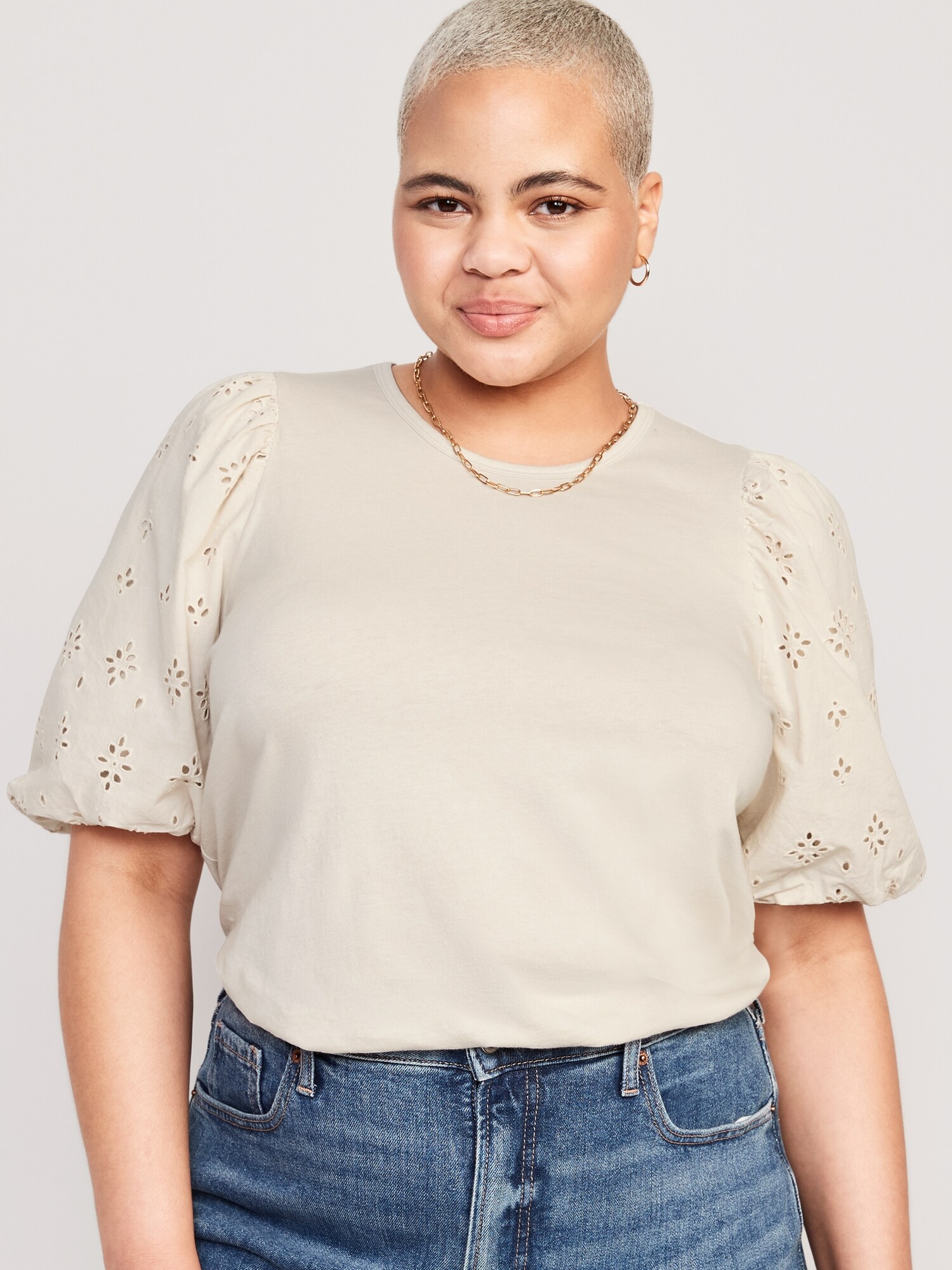 Puff-Sleeve Cutwork Top | Old Navy