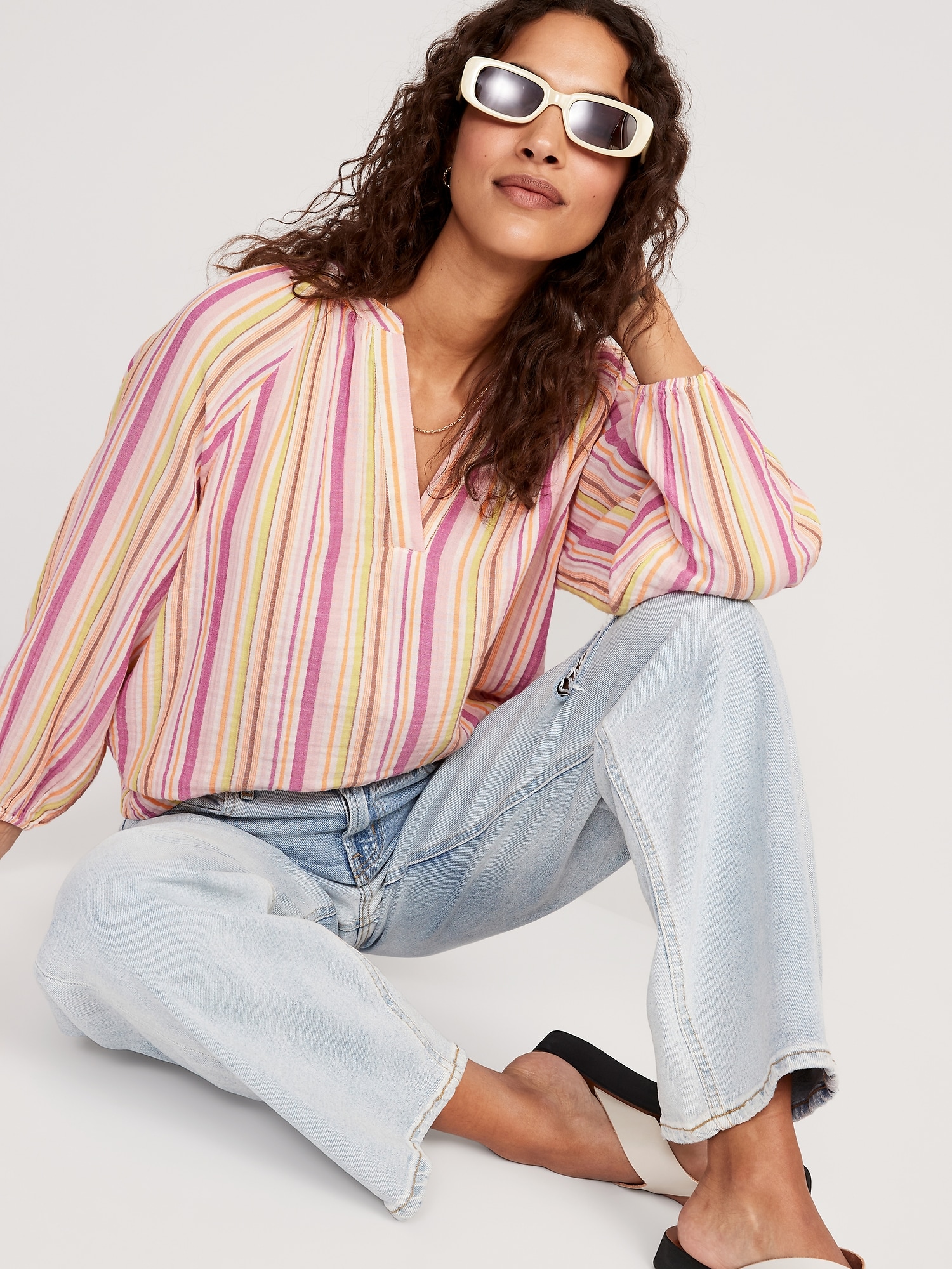 Long-Sleeve Striped Split-Neck Top | Old Navy