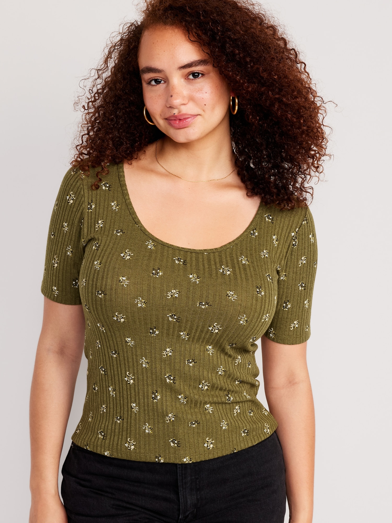 Fitted Elbow-Sleeve Rib-Knit T-Shirt | Old Navy