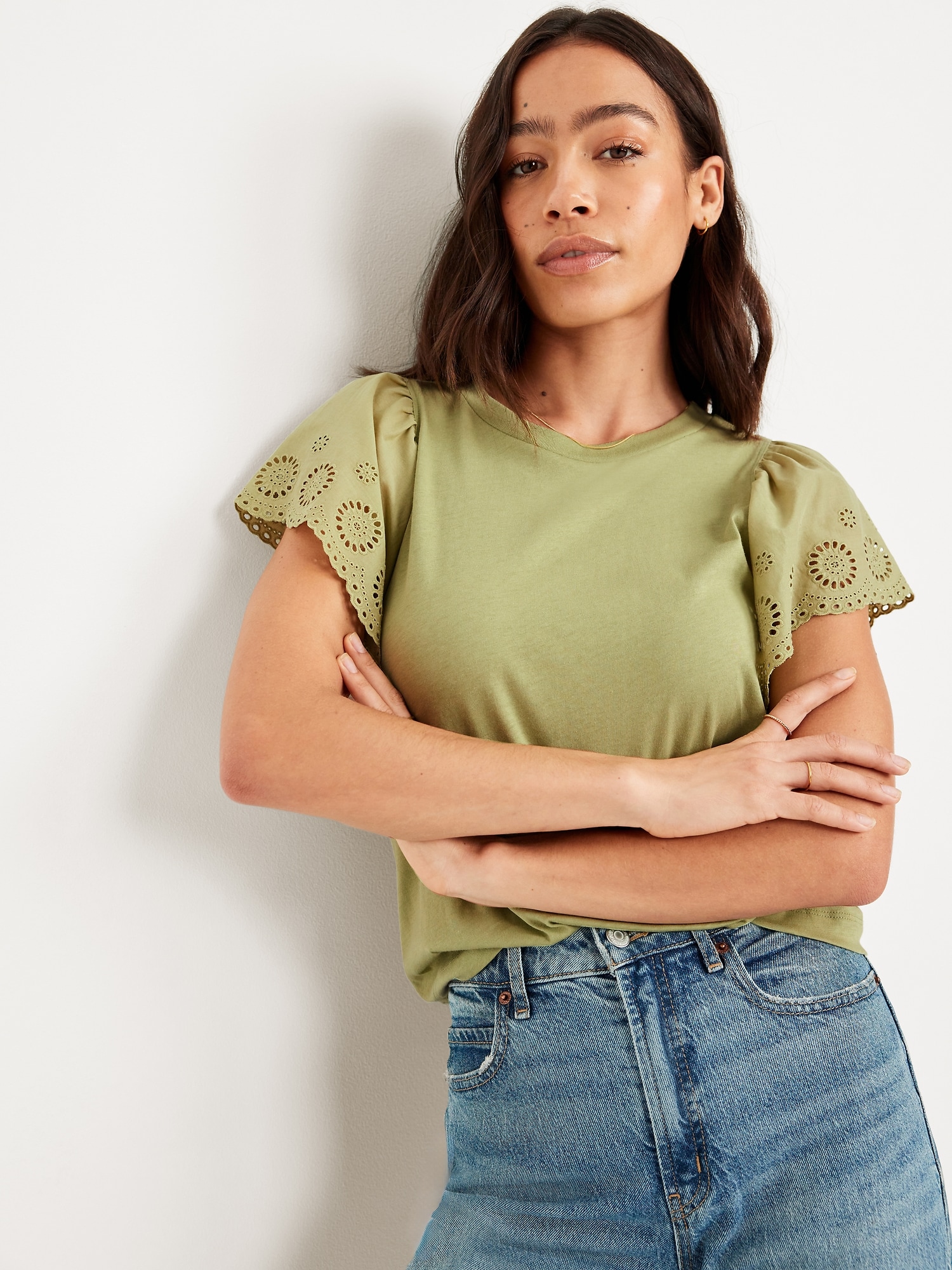 Cutwork-Sleeve Mixed Fabric Top | Old Navy